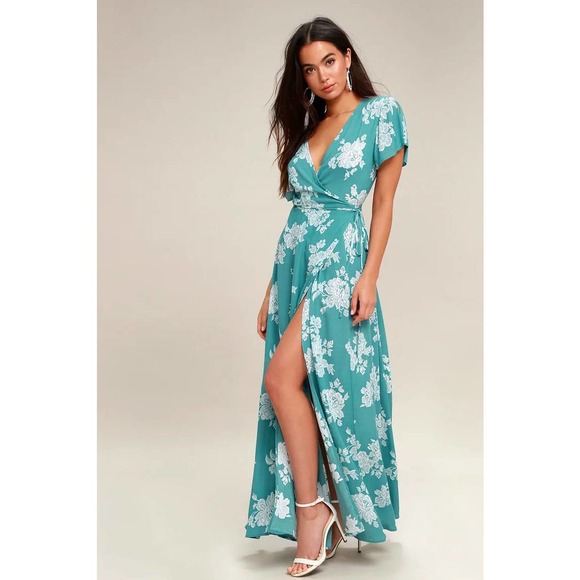 Lulus Dresses Lulus Heart Of Marigold Turquoise Floral Print Wrap